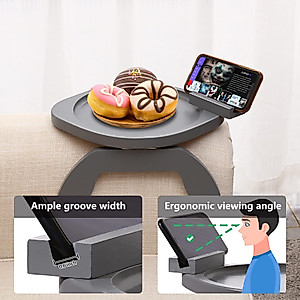 SINWANT Couch Arm Table, Bamboo Round Sofa Clip Tray Table with 360° Rotating Phone Holder,Sofa Arm Tray for Arm Chair Table, Folding Snack Eating Drink Tables