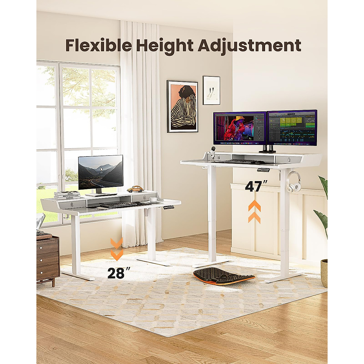 ErGear Electric Standing Desk with Drawers, 48″ x 24″ Gaming Desk with Monitor Stand, C-Clamp Mount Compatible, Home Office Height-Adjustable Desk with Storage Shelf, 4 Preset Heights, White, EGESD36W