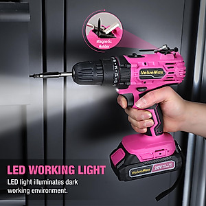 ValueMax Pink Cordless Drill Set, 20V Lithium-ion Power Drill Set with LED Light and Magnetic Holder, 3/8-Inch Keyless Chuck, 18+1 Torque Settings, Electric Cordless Drill Set with Battery and Charger