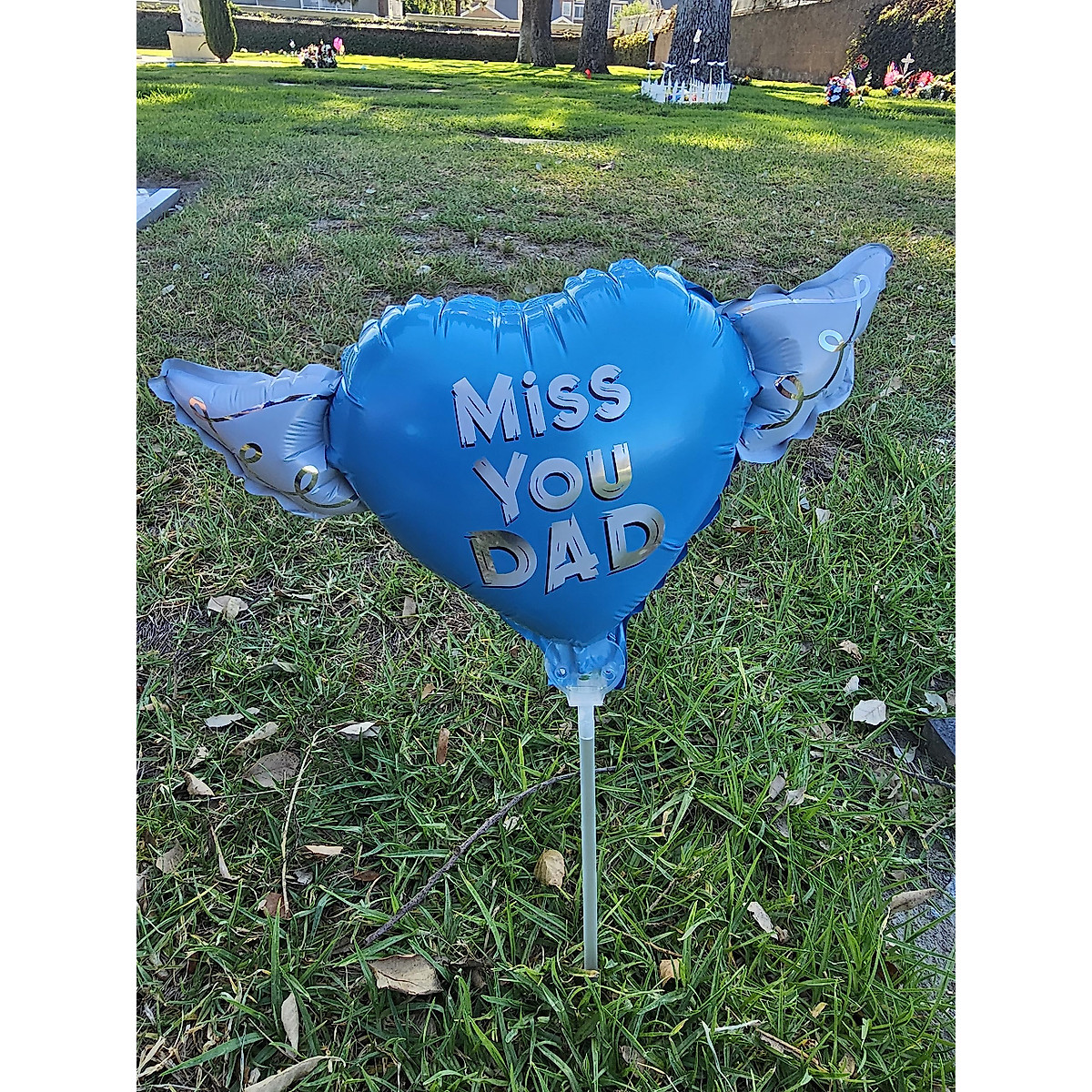 Heavenly Balloons on a stick Miss You Dad (blue) balloon heart shaped with angel wings