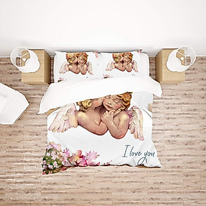 kuizee Cute Watercolor Angels Cherub Duvet Cover Bedding Sets 3 Piece Brushed Microfiber Ultra Soft All Season Comforter Twin Size,White