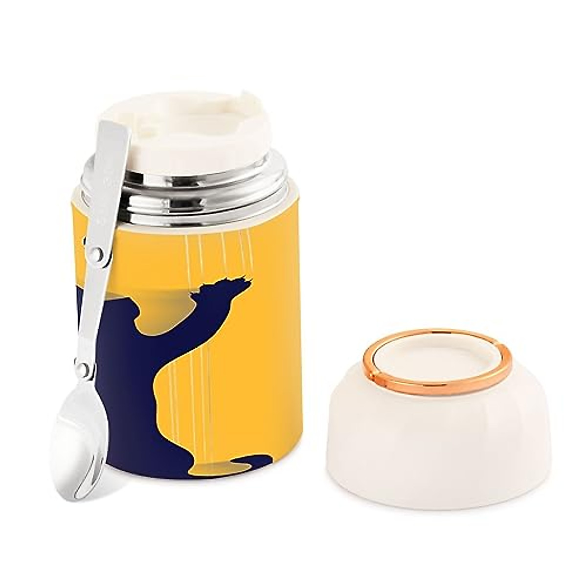 CUPADA Cute Black Cat Food Jar, Scratch Yellow Insulated Hot Food Jars Vacuum 17OZ with Folding Spoon for Work Trip Picnic Camping