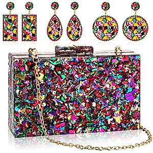 4 Pieces Acrylic Purses and Handbags with Acrylic Geometry Dangle Earring for Women Multicolor Perspex Geometric Patterns Box Clutch Banquet Evening Crossbody Handbag