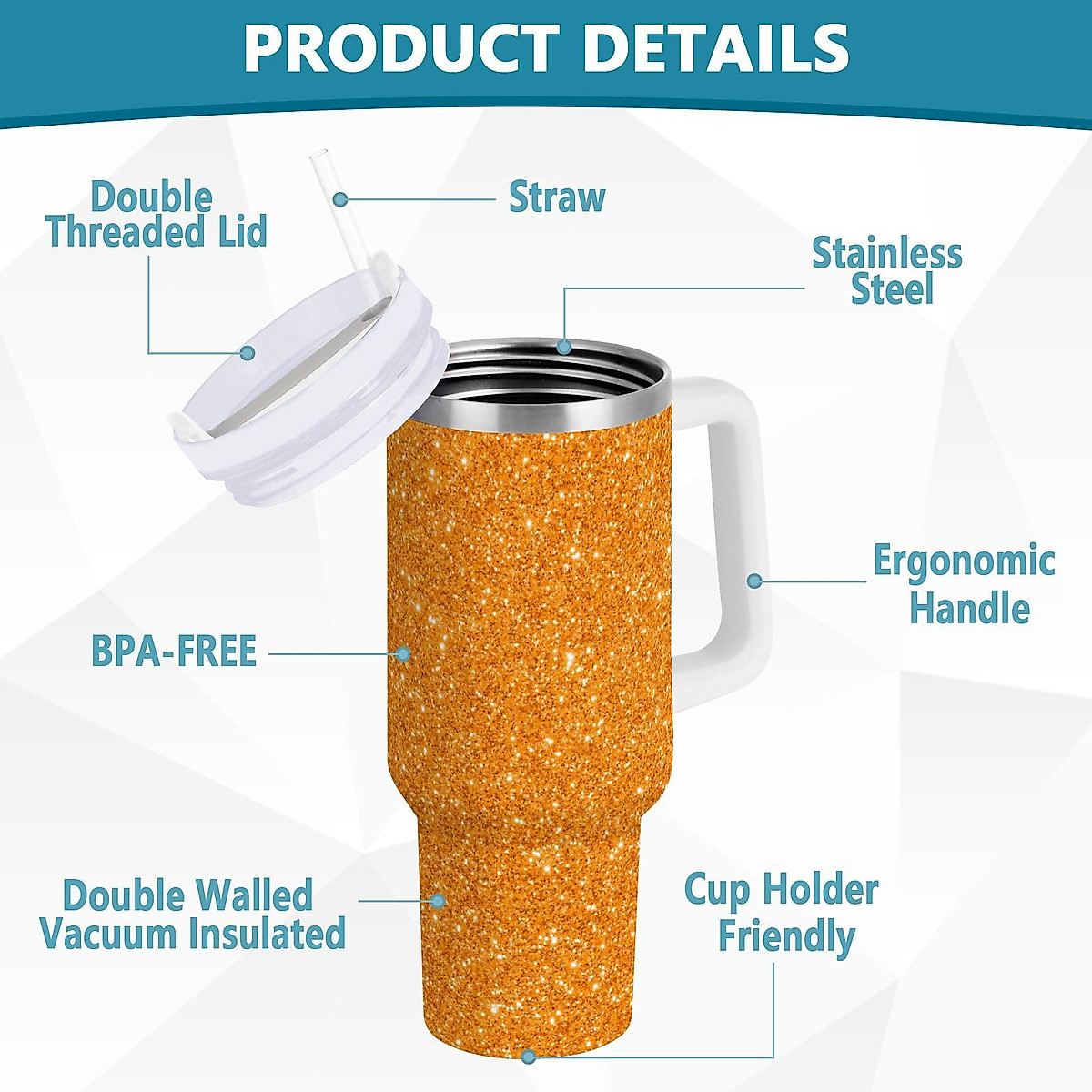 Orange Glitter 30 oz Tumbler with Handle and Straw Lid, Sparkle Insulated Coffee Cup Reusable Stainless Steel Water Bottle Travel Mug Cupholder Friendly,Gifts for Women Men