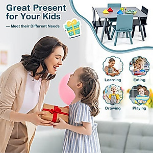 Costzon Kids Table and Chair Set, 5-Piece Toddler Table & 4 Chairs w/Toy Bricks for Arts, Crafts, Snack Time & Homework, Classroom Playroom Daycare Furniture for Boys & Girls Age 3-7 (Grey, Blue)