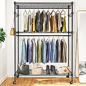 Himimi Heavy Duty Rolling Garment Rack 3 Tier Wire Shelving Clothes Rack for Clothing,Storage with Double Rods,Lockable Wheels and Side Hooks,Freestanding Metal Wardrobe Storage Rack,Black