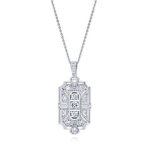 BERRICLE Sterling Silver Art Deco Cubic Zirconia CZ Milgrain Pendant Necklace for Women, Rhodium Plated