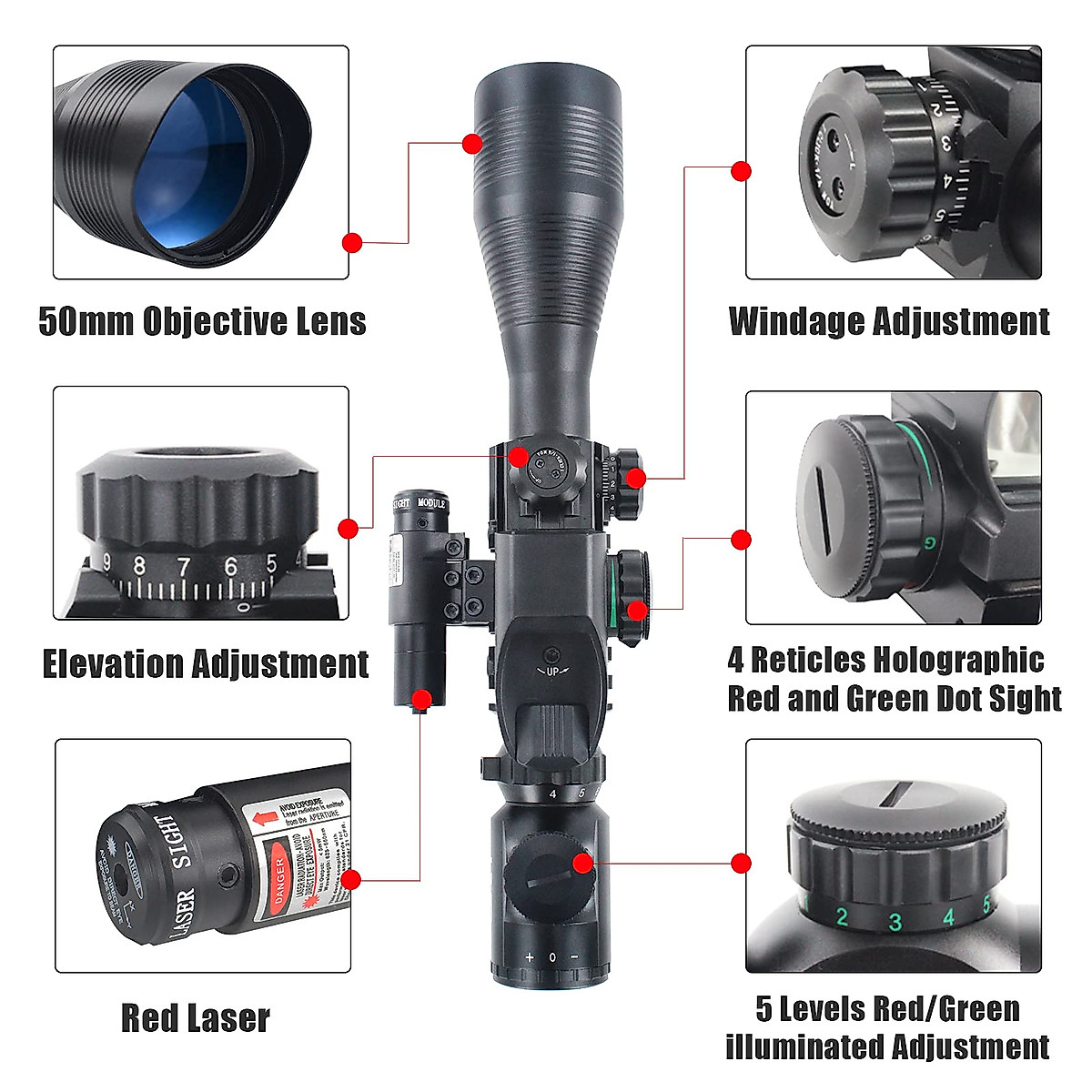 UUQ C4-12X50 Rifle Scope Dual Illuminated Reticle W/Laser Sight and Holographic Dot Reflex Sight (Red Laser)