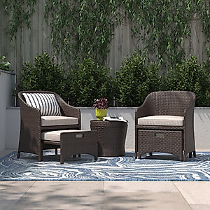 Barton 5 Piece Bistro Sofa Set w/Cushions 2 Chairs 2 Ottomans Multipurpose Outdoor Patio Wicker Rattan Furniture Space Saving