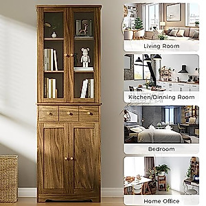 Display Cabinet with Glass Doors and Adjustable Shelves,3-Tier Home Office Bookshelf with Storage Drawers, Freestanding Storage Cabinet for Office Bedroom Dining Living Room（Natural Wood）