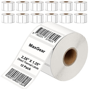 MaxGear 2.25" X 1.25" Direct Thermal Labels, Perforated UPC Barcode & FBA Address Stickers, Premium Permanent Adhesive Shipping Labels, Compatible with Rollo & Zebra (12 Rolls, 1000 Labels/Roll)