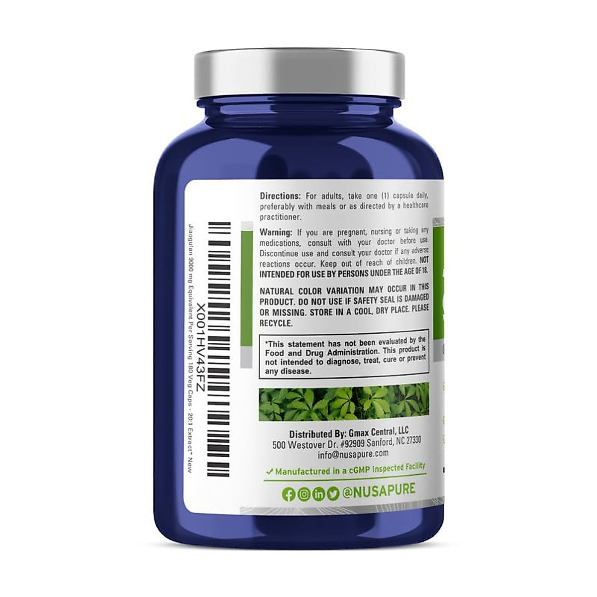 NusaPure Jiaogulan 9000 mg 180 Veggie Capsules (Extract 20:1, Vegetarian, Non-GMO, Vegan) Gynostemma Pentaphyllum