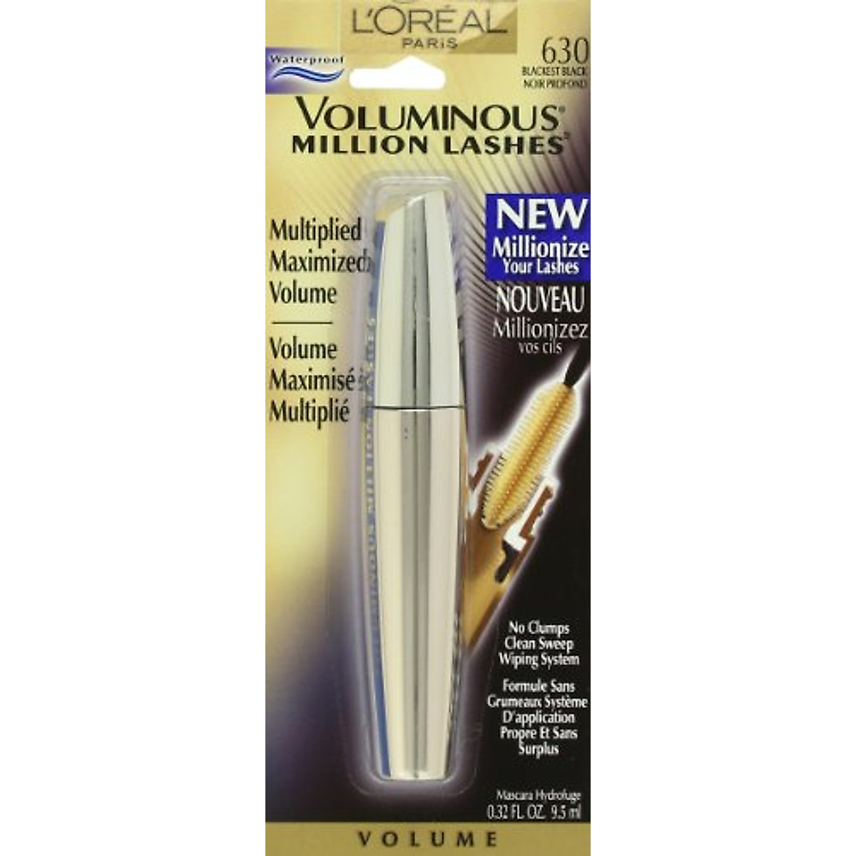 L’Oreal Paris Makeup Voluminous Million Lashes Mascara, Volumizing Collagen Infused Eye Makeup, Amplifying Mascara Brush, Waterproof, Blackest Black, 0.32 Fl Oz., 1 Count