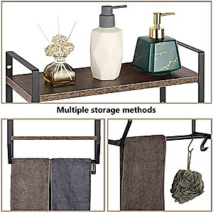 Vrisa Bathroom Wall Shelf with Towel Bar Bathroom Shelves Wall Mounted 2 Tier Towel Rack with Shelf and 5 Hooks Rustic Storage Organizer for Kitchen Bedroom (Brown+Black)