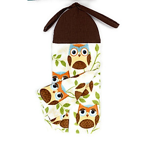 Owls Gift for Owl Lover Brown Tan White Teal Green Reversible Ties On Stays Put Kitchen Bathroom Hanging Loop Hand Dish Towel