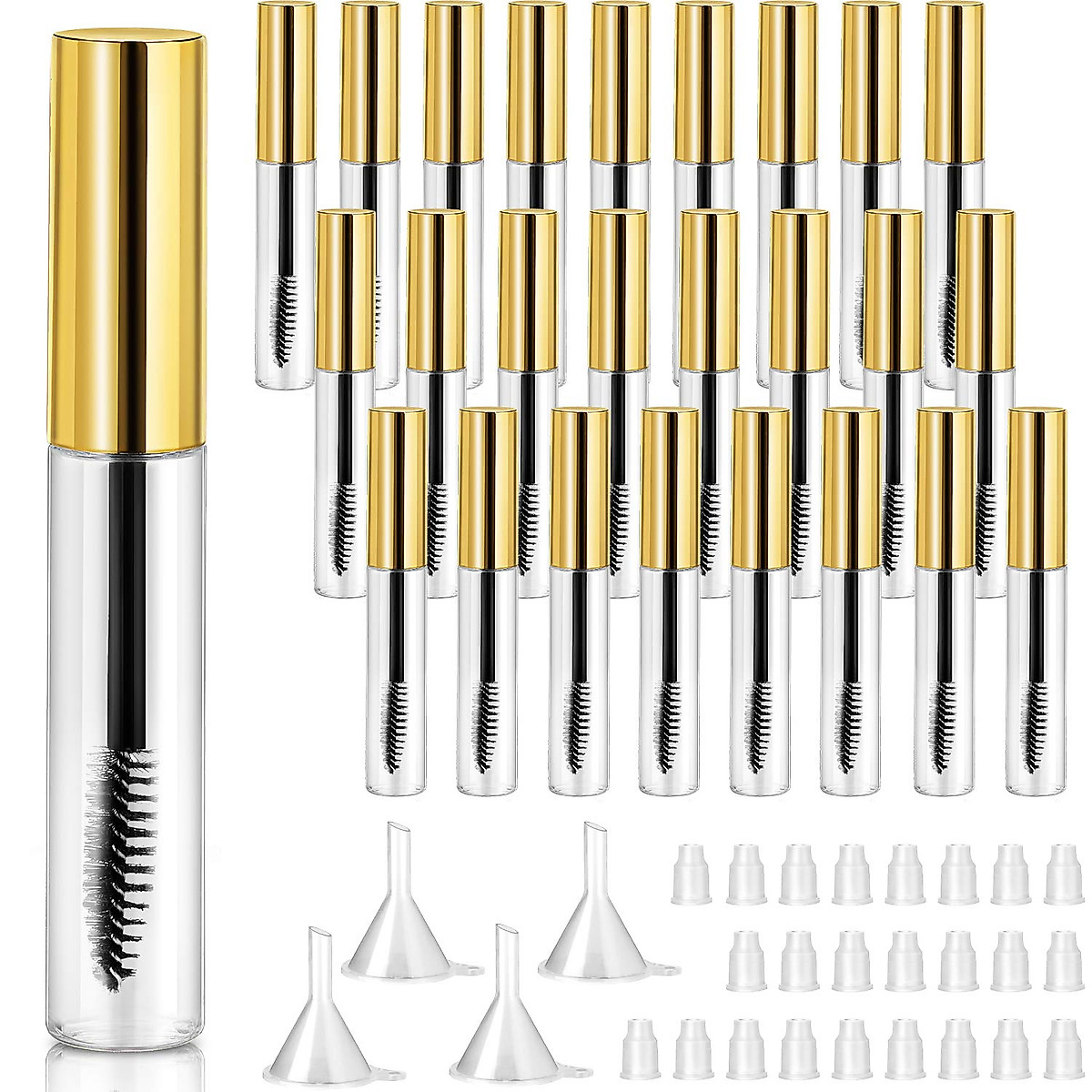25 Pieces 10 ml Empty Mascara Tubes Wand Empty Eyelash Bottle Clear Refillable Mascara Container with 4 Pieces Funnels Transfer Pipettes for Castor Oil and DIY Cosmetics(Gold)
