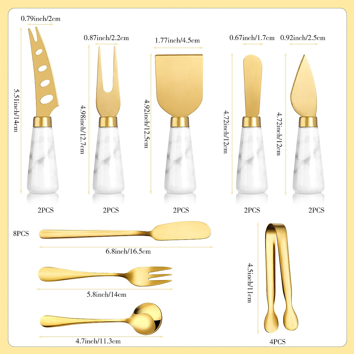 38 Pieces Gold Cheese Knife Set Marble Handle Butter Spatula Knives Cheese Spreader Cutter Cheese Shaver and Fork with Mini Serving Tongs Spoons and Fruit Forks for Charcuterie Board Accessories