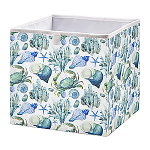 Emelivor Coral Shell Crab Cube Storage Bin Collapsible Storage Bins Waterproof Toy Basket for Cube Organizer Bins for Kids Girls Boys Toys Book Office Home Shelf Closet - 15.75x10.63x6.96 IN