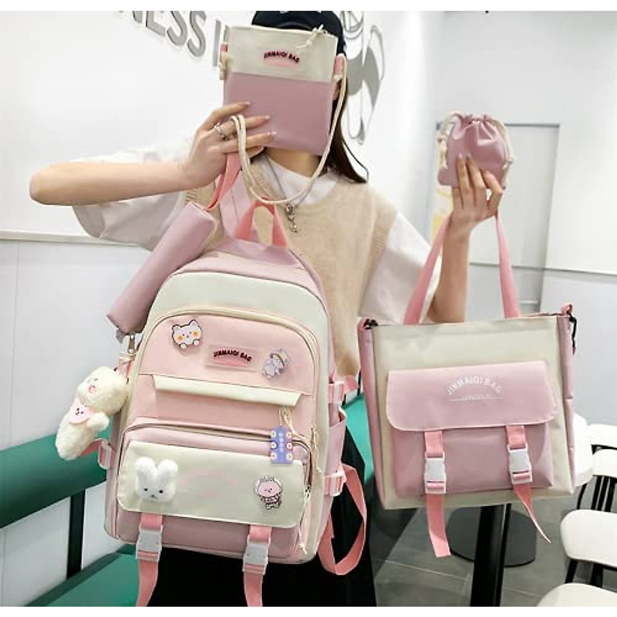 5 Pcs Kawaii Bear Backpack Set with Cute Pendant and Pins School Bags Back to School Supplies for Students (Pink)