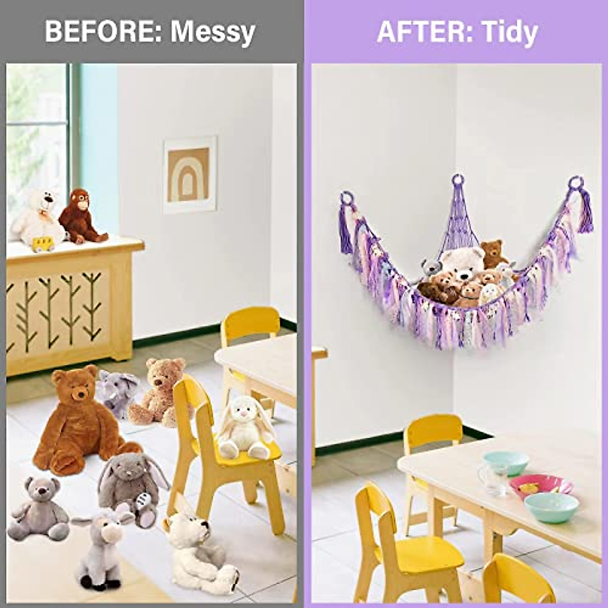 Stuffed Animal Net or Hammock with Light, Hanging Plush Toy Hammock Stuffed Animal Storage Organizer Holder Room Decor with Tassels Hooks for Kids Nursery Playroom Bedroom