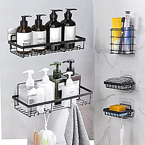 Large Black Shower Hanging Organizer Caddy Racks for Inside Shower Adhesive Shower Caddy Baskets Shelves for Bathroom Bathtub RV Dorm College Wall No Drill 5 Pack (Black)