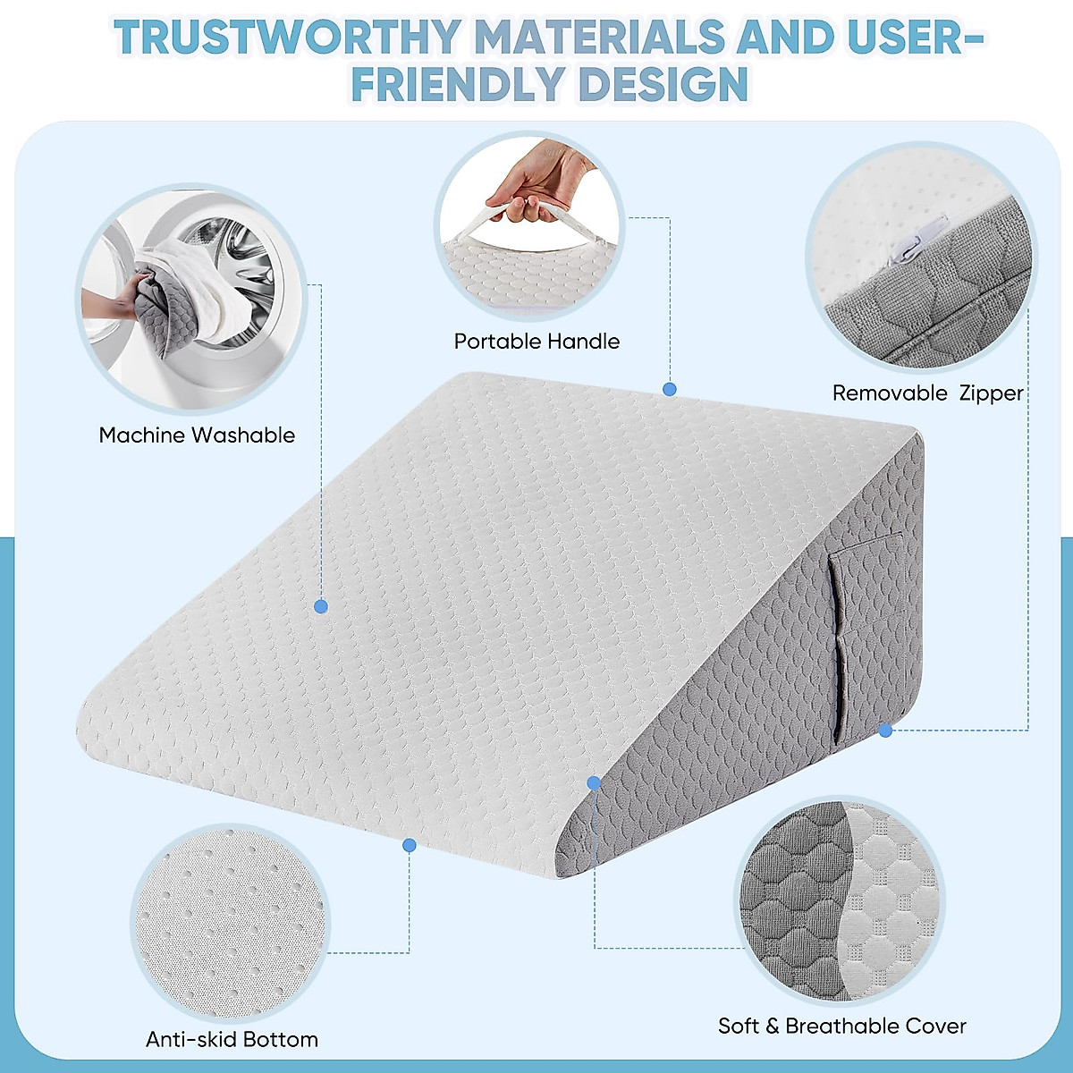 Forias Wedge Pillow for Sleeping 7.5" Bed Wedge Pillow for After Surgery Triangle Pillow Wedge for Acid Reflux Gerd Snoring Back Pain, Air Layer Sleeping Wedge Cover | Memory Foam Top