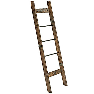 Hzuaneri Blanket Ladder - for Bedroom, Decorative Wood Quilt Rack with 4 Removable Hooks, 5-Tier Farmhouse Ladder Holder Organizer for Bathroom Living Room, Rustic Brown and Black 02101BBR