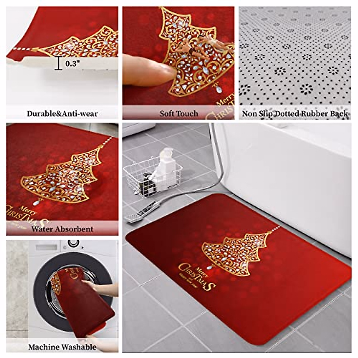 Christmas Bath Rugs Xmas Trees Diamond Sponge Doormat Absorbent Non Slip Backing Durable Soft Flannel Mat Red Christmas Memory Foam Mats Carpet for Bathroom Kitchen, 20 x 32 inch