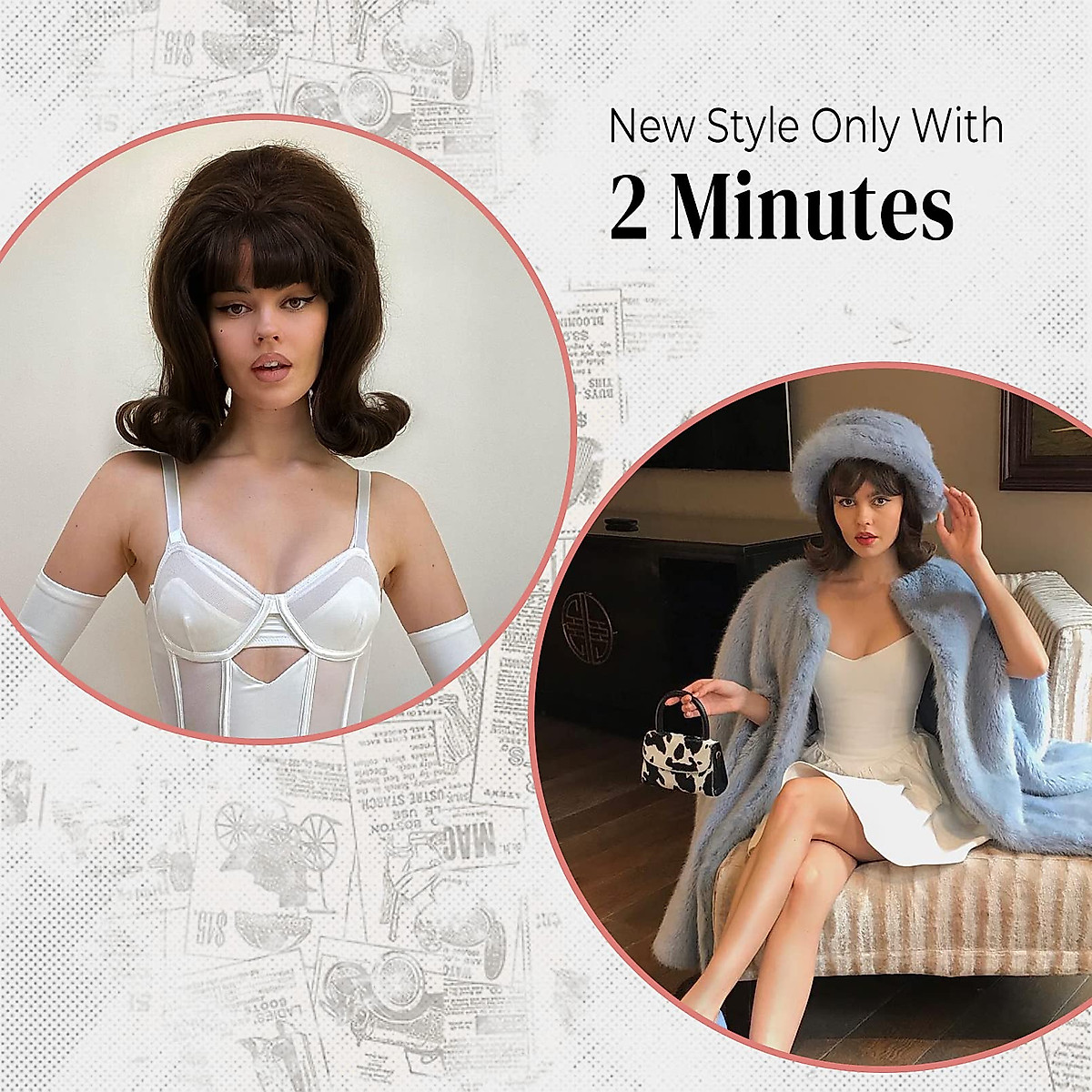 LONAI Retro Brown Wig 50s 60s 70s Wig with Bangs for Women Synthetic Hair for Halloween Costume Party