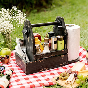BOWERISH Distressed Wood BBQ Caddy with Paper Towel Holder and Three Utensil Holder - Ideal Organizer for Picnic Condiment and Outdoor Grill Accessories - Sturdy Iron Handle and Classic Bottle Opener