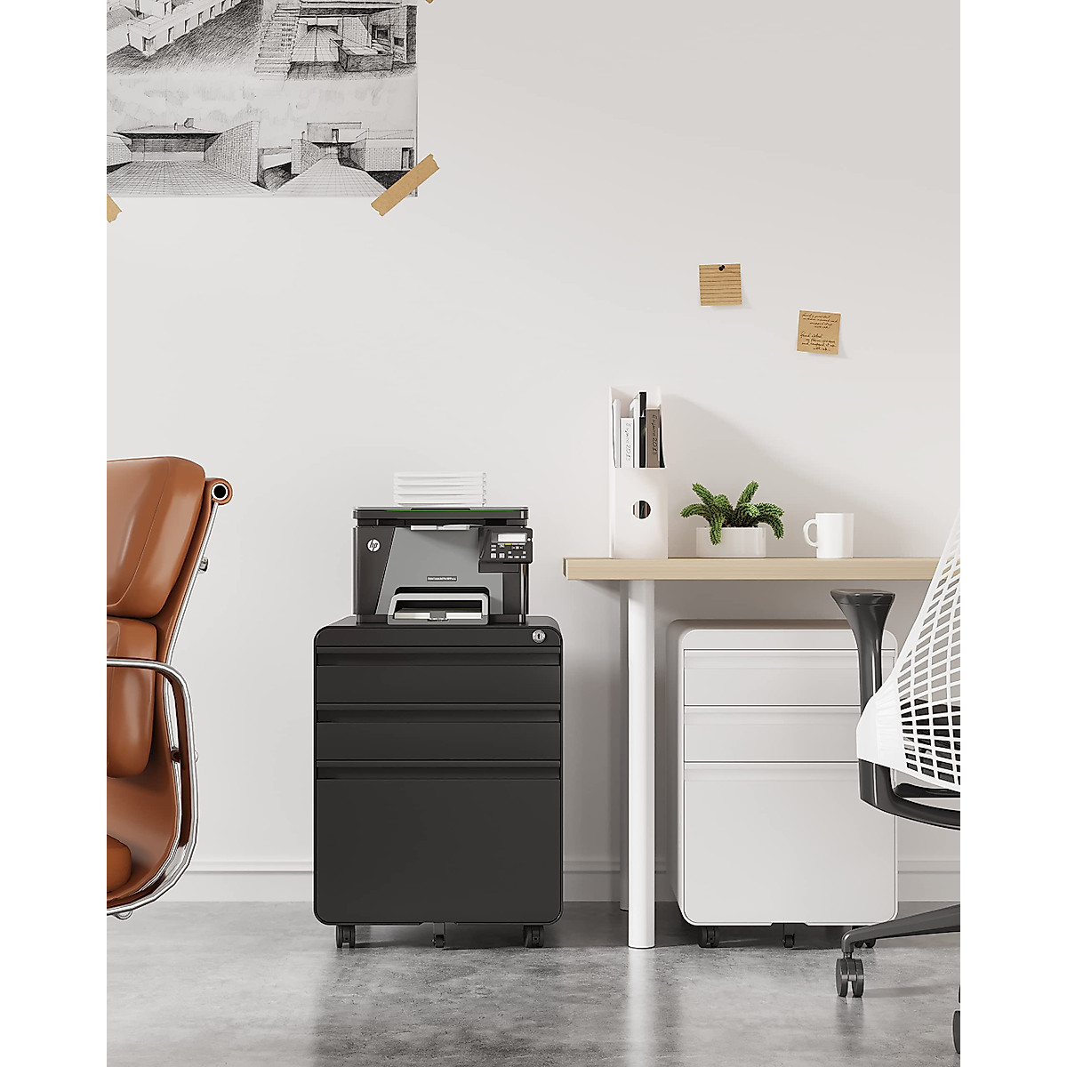 Dripex 3 Drawer File Cabinet, Metal Filing Cabinets with Lock Wheels for A4/Legal/Letter File, Anti-tilt Under Desk Design, Lockable Rolling Mobile File Cabinet for Home Office (White)