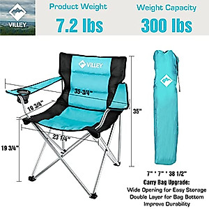 VILLEY Camping Chairs, Padded Folding Chair, Outdoor Portable High Camp Chair, Foldable Outside Arm Chair with Cup Holder & Carry Bag, Blue