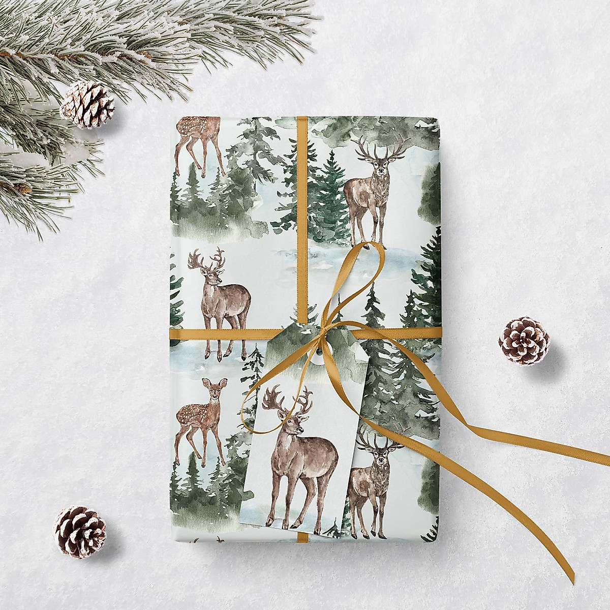 WRAPAHOLIC Kraft Christmas Wrapping Paper - Mini Roll - 17 Inch x 33 Feet - Watercolor Elk and Winter Forest Landscape Design for Christmas, Holiday, Party Celebration