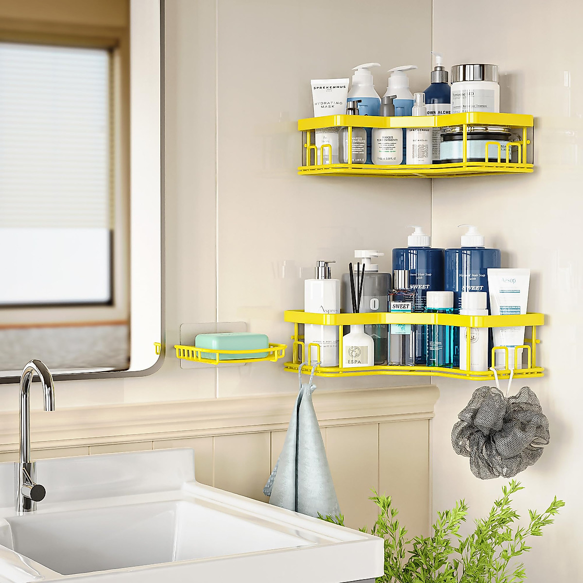 MAXIFFE Shower Caddy, 3-Pack Shower Organizer with Soap Holder, Corner Shower Caddy with 8 Hooks, Wall Mounted Shower Shelf for Bathroom, Kitchen, Countertop, Yellow