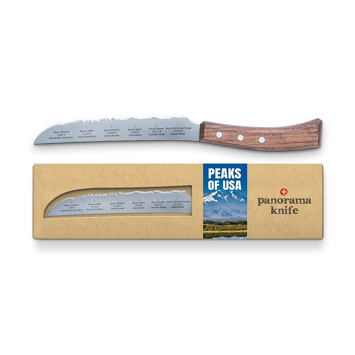 PanoramaKnife Kitchen Knife – Swiss Made – Peaks of USA – Mountain Ranges Resembled in Blade - Surgical Stainless Steel + Walnut Wood –– 10in – Best Cooking Knife – Great Gift for Outdoor Enthusiasts