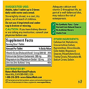 Nature Made Calcium Magnesium Zinc with Vitamin D3, Dietary Supplement for Bone Support, 300 Tablets