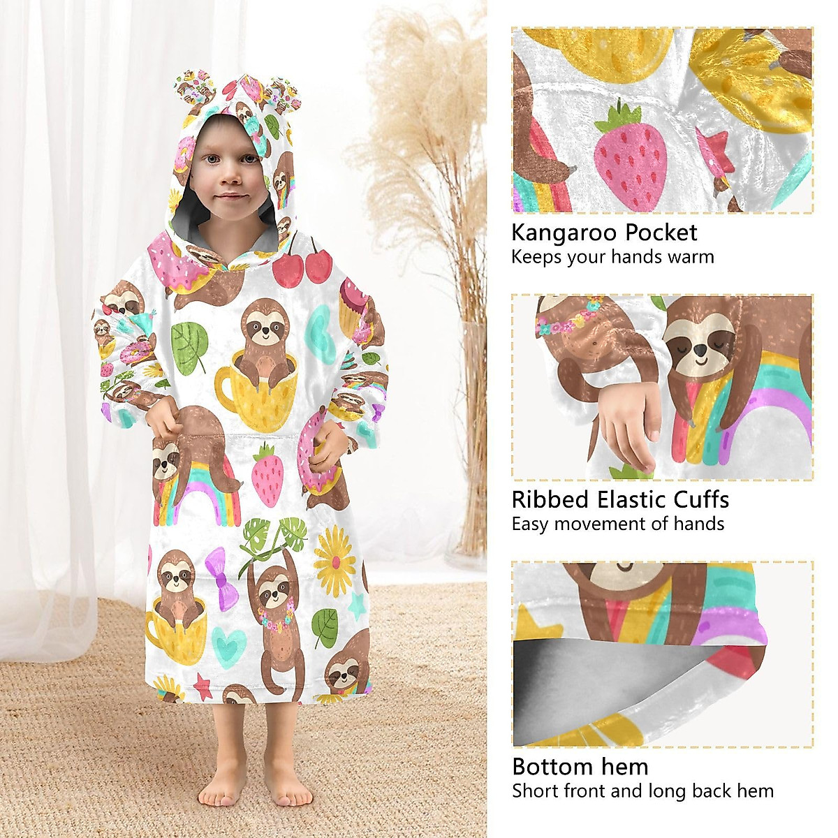 Kigai Cute Sloth Wearable Blanket Hoodie for Kids Oversized Hooded Sweatshirt Soft Cozy Flannel Blanket with Pocket