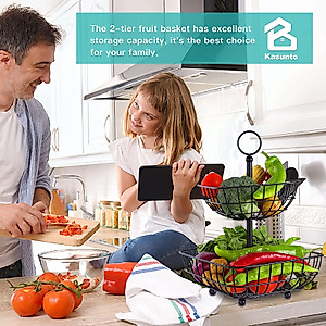 2 Tier Fruit Basket Bowls, Fruit and Vegetable storage for Kitchen Countertop Organizer, Stackable Wire Baskets and Fruit Basket Stand, Onion potato storage with Metal basket (Black, Large)