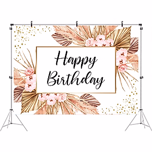 Ticuenicoa 7x5ft Pink Pampas Grass Happy Birthday Backdrop Flowers Girls Women Birthday Photography Background Sweet 16th 21st 30th 40th Banner Cake Table Supplies Party Decoration Photo Booth Props