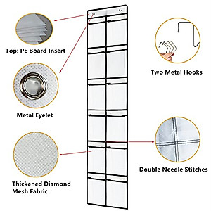 Shoe Organizers, Over The Door Shoes Organizer, 12 Mesh Pockets, with Two Metal Hooks, Closet Storage and Organizers for Door, Wall, White/Black