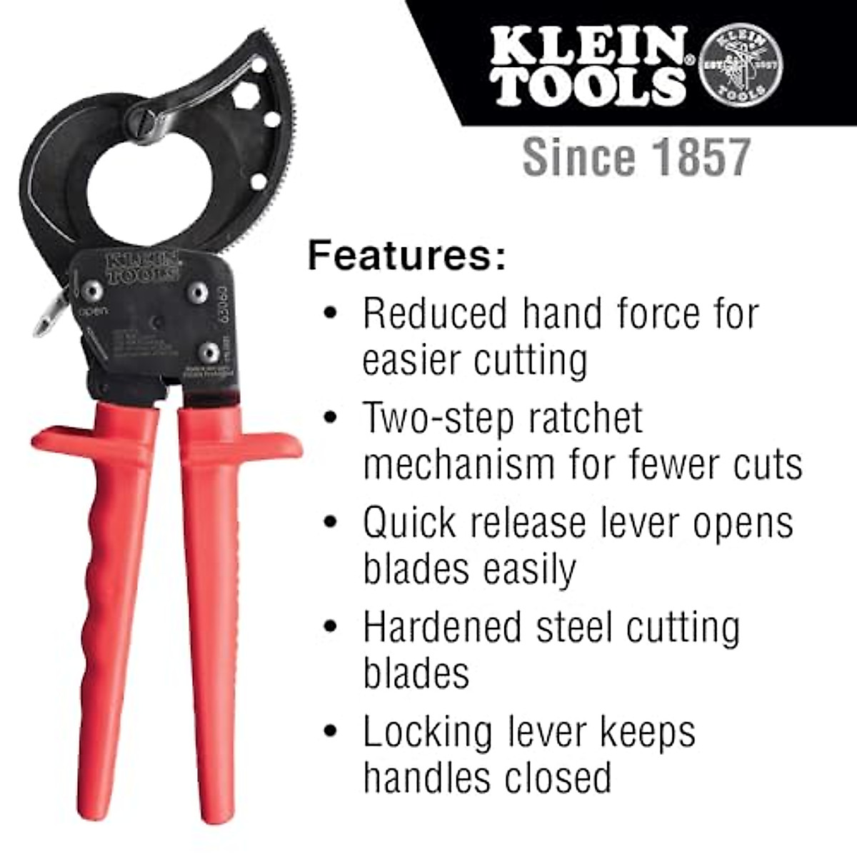 Klein Tools 63060 Cable Cutters, Ratcheting Heavy Duty Cutters for Up to 750 MCM, Great for Cable Preparation