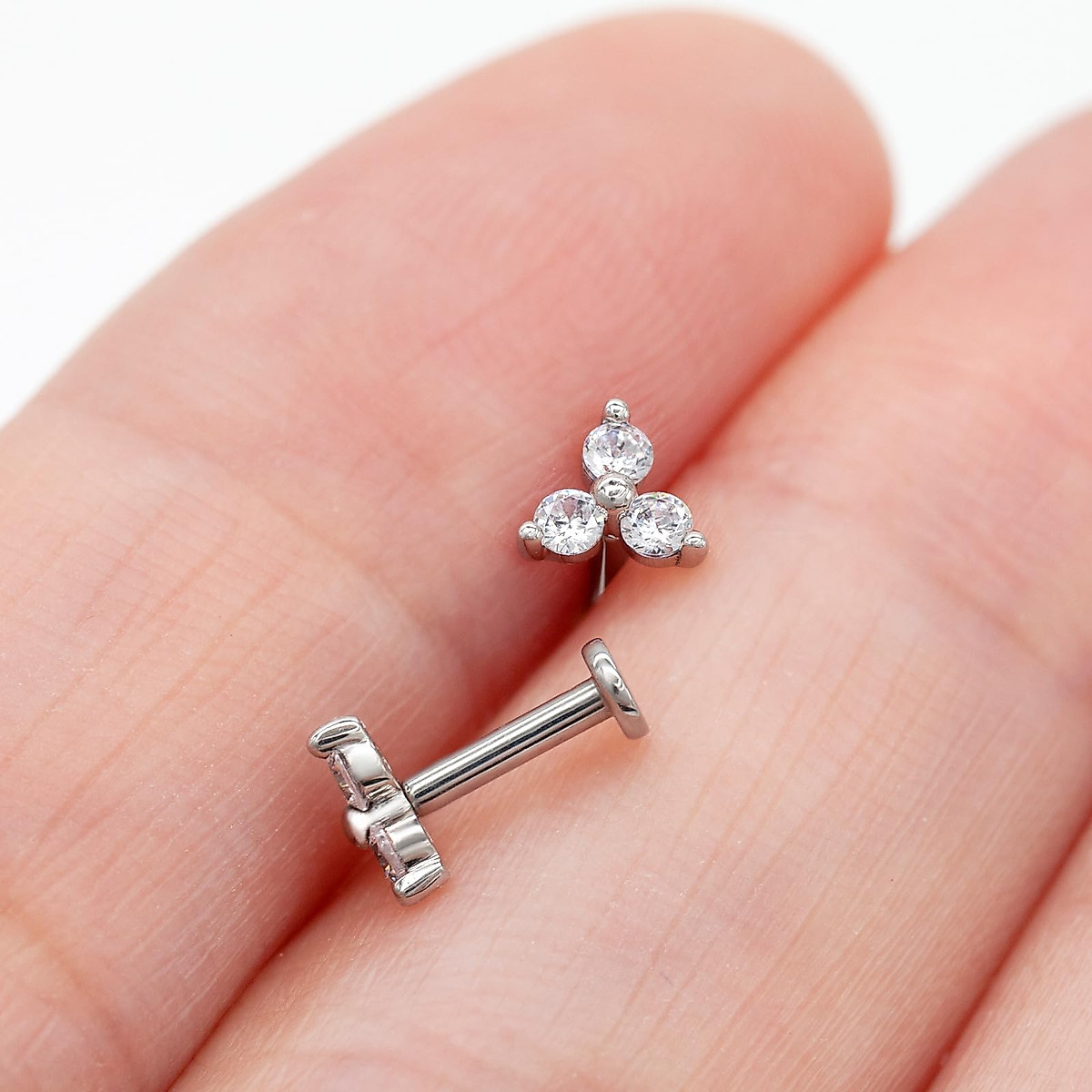 Designfy 14K White Gold Threadless Earring Top Push in Triple Clear CZ Flat Back Nose Stud Threadless Cartilage Earring Helix Stud Tragus Piercing Jewelry for Women Men 6mm