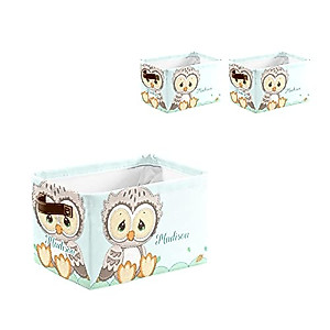 Woodland Owl Green Foldable Custom Personalized Name Storage Bins Basket Cubic Clothes Supplies Organizer,Durable Handle