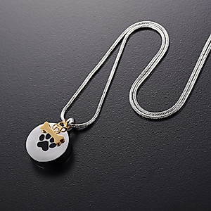 BIAIHQIE Golden Dog Bone Charm & Paw Print Round Stainless Steel Cremation Urn Jewelry for Pet Ashes Keepsake Memorial Necklace