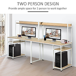HOMCOM 94.5in Industrial Double Computer Desk with Hutch and Storage Shelves, Extra Long Two Person Home Office Desk, Writing Table Workstation for 2 People with CPU Stand, Oak Wood Grain