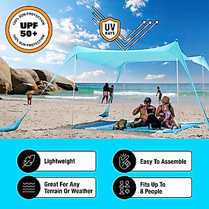 SUN NINJA Beach Tent Sun Shelter with UPF50+ Protection, Includes Sand Shovel, Ground Pegs and Stability Poles, Outdoor Pop Up Beach Shade Canopy for Camping, Fishing, Backyard Fun or Picnics