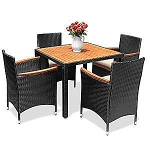 Flamaker 5 Piece Patio Dining Set Outdoor Acacia Wood Table and Chairs with Soft Cushions Wicker Patio Furniture for Deck, Backyard, Garden