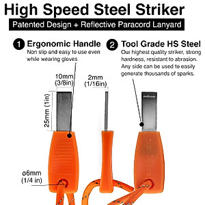 Camping Flint and Steel Fire Starter, 0.4x4in (10x100mm) Ferro Rod, HSS Striker, Paracord, Waterproof Outdoor Survival Kit aZengear