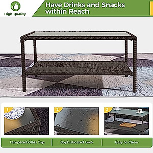 HEYNEMO Outdoor Patio Furniture Sets, 4 Pieces Outdoor Sectional Rattan Sofa Set, Brown PE Wicker Patio Conversation Sets with 8 PCS Lake Blue Washable Cushion and Tempered Glass Table