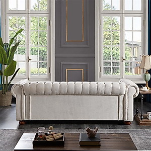 Harper & Bright Designs 3-Seat Chesterfield Sofa with Button Tufted, Nailhead Trim and Solid Wood Legs, Classical Linen Fabric Couch for Living Room, Office, Beige